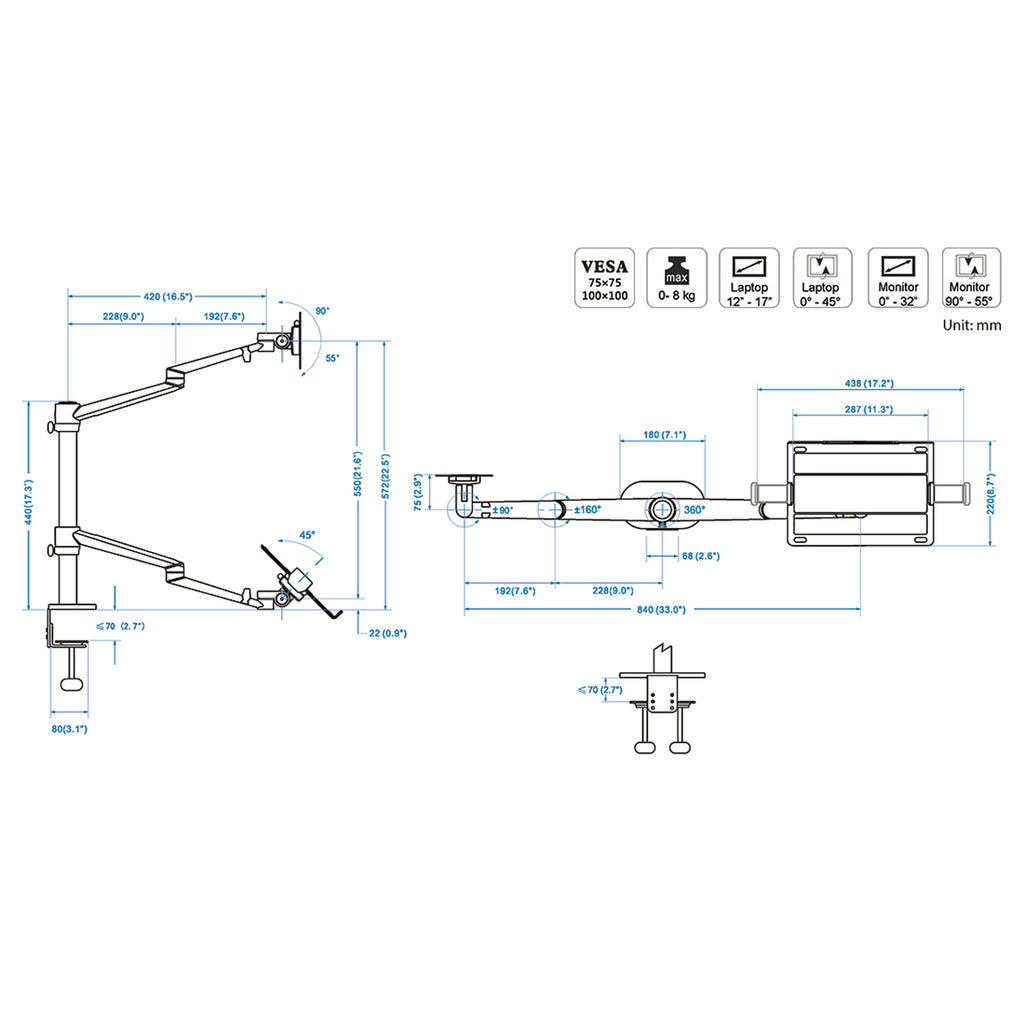 Thingy Club Dual Arm Monitor & Laptop Mount, Desk Mount Stand for up t